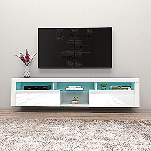 MEBLE FURNITURE & RUGS Bari 200 Wall Mounted Floating 79" TV Stand with 16 Color LEDs White