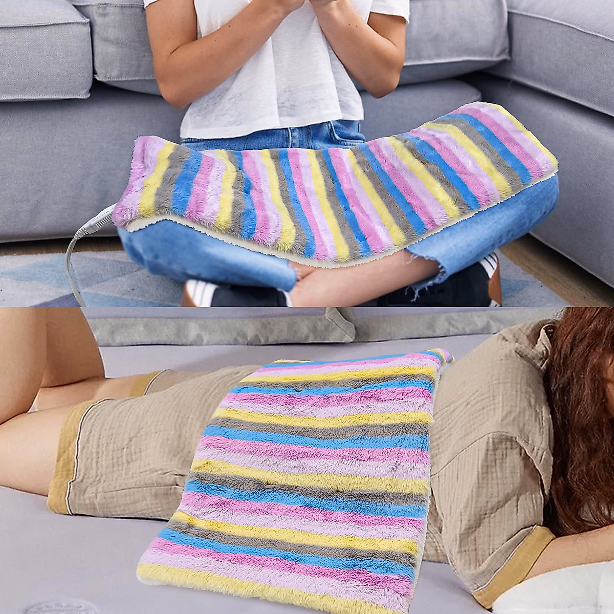 UNOWIX Electric Heating Pad for Back/Waist/Abdomen/Shoulder/Neck Pain and Cramps Relief - 12 Heat Levels, 8 Timers,Cute Plush Heat Pad, Holiday Gifts for Girls, Machine Washable-Rainbow-F(12" x 24")