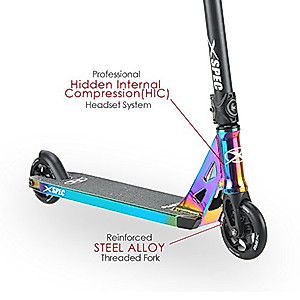 Xspec Rainbow Neo Chrome Pro Stunt Kick Scooter, Unique Oil Slick Anodized Design, Aluminium with BMX Handlebars Reinforced Aluminium Wheels and Fork