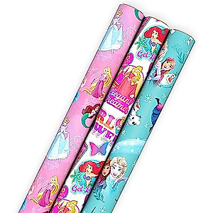 Hallmark Disney Princess and Frozen Wrapping Paper with Cutlines on Reverse (3 Rolls: 60 Square Feet Total) for Birthdays, Christmas, Valentine's Day