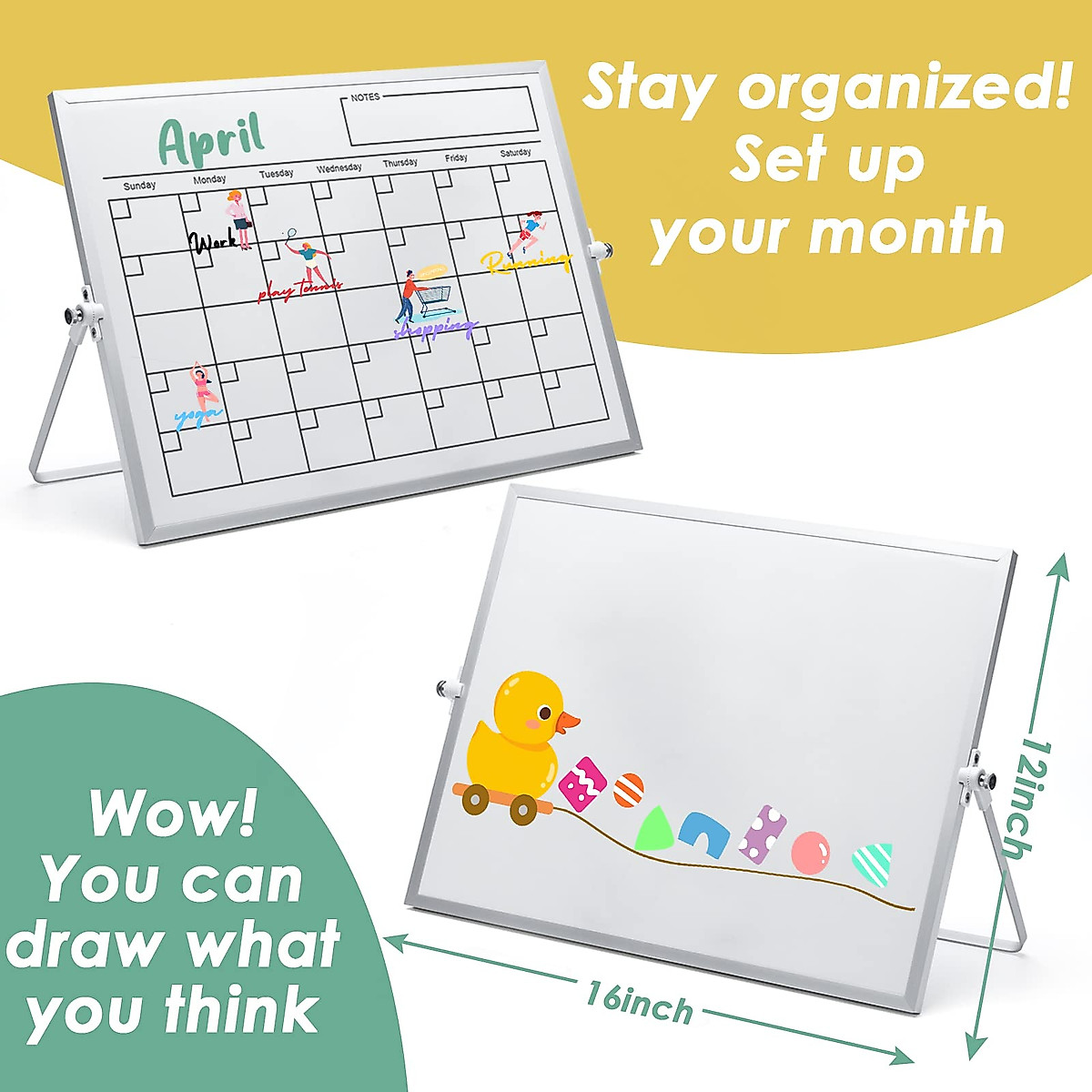 Dry Erase White Board,16”X12” Large Magnetic Calendar Whiteboard with Stand, 9 Markers, 4 Magnets,1 Eraser, Double-Sided Portable Whiteboard Easel for Office, Students Memo to Do List