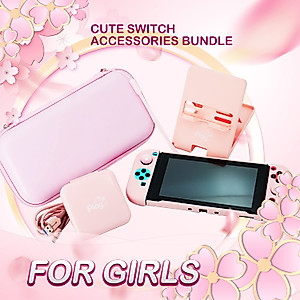 PlayM Pink Carrying Case & Accessories Bundle for Nintendo Switch, Cute Accessories Kit with Protective Cover, Screen Protector, Adjustable Stand, Game Card Case, Thumb Grips & Charger Cable for Girls