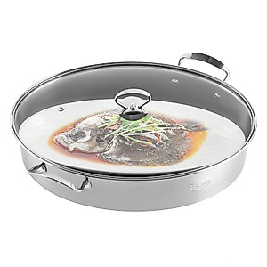 Stainless Steel Roasting Pan With Lid, Kitchen Oval Roasting Pan, 15 Inch Steel Baking Tray Lid & Rack, Steaming Rack, Even Heat Distribution, for Turkey, Chicken, Stews, & More