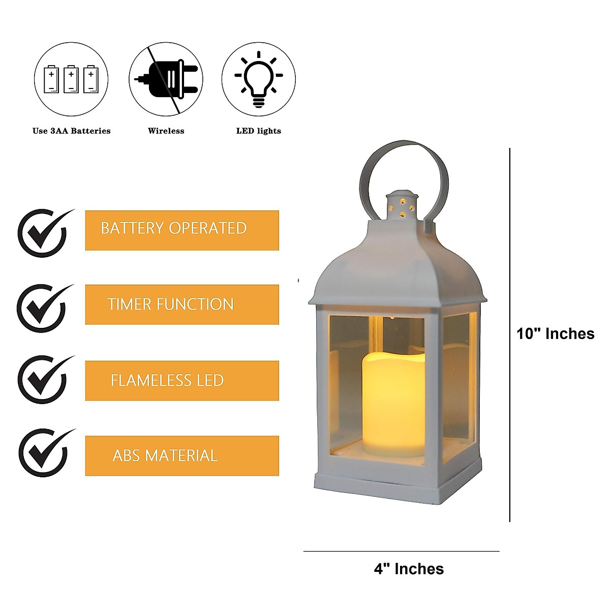 Just in Time for Winter (12 Pc Set) 10" Decorative Lanterns with Flameless LED Lighted Candle, 5 Hr Timer, Antique Look Indoor Outdoor Home, Garden, Weddings - White. Includes Bonus String Lights!