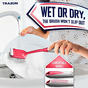 Dish Brush Set of 3 with Bottle Water Brush, Dish Scrub Brush and Scrubber Brush - Kitchen Scrub Brushes Ergonomic Non Slip Long Handle for Cleaning Cleaner Wash Sink Dishes Bottle Cup Glass Pot (Red)