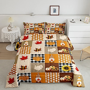 Manfei Retro Plaid Splicing Comforter Set with 2 Pillowcases,Thanksgiving Theme Sunflower Pumpkin Super Soft Microfiber Bedding Set for Adults Teens,Rustic Farmhouse Duvet Set for Room Decor,King