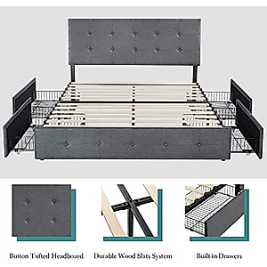 HOOMIC King Size Platform Bed Frame with 4 Storage Drawers, Adjustable Headboard, Square Stitched Button Tufted Design with Wooden Slats, No Box Spring Needed, Dark Grey