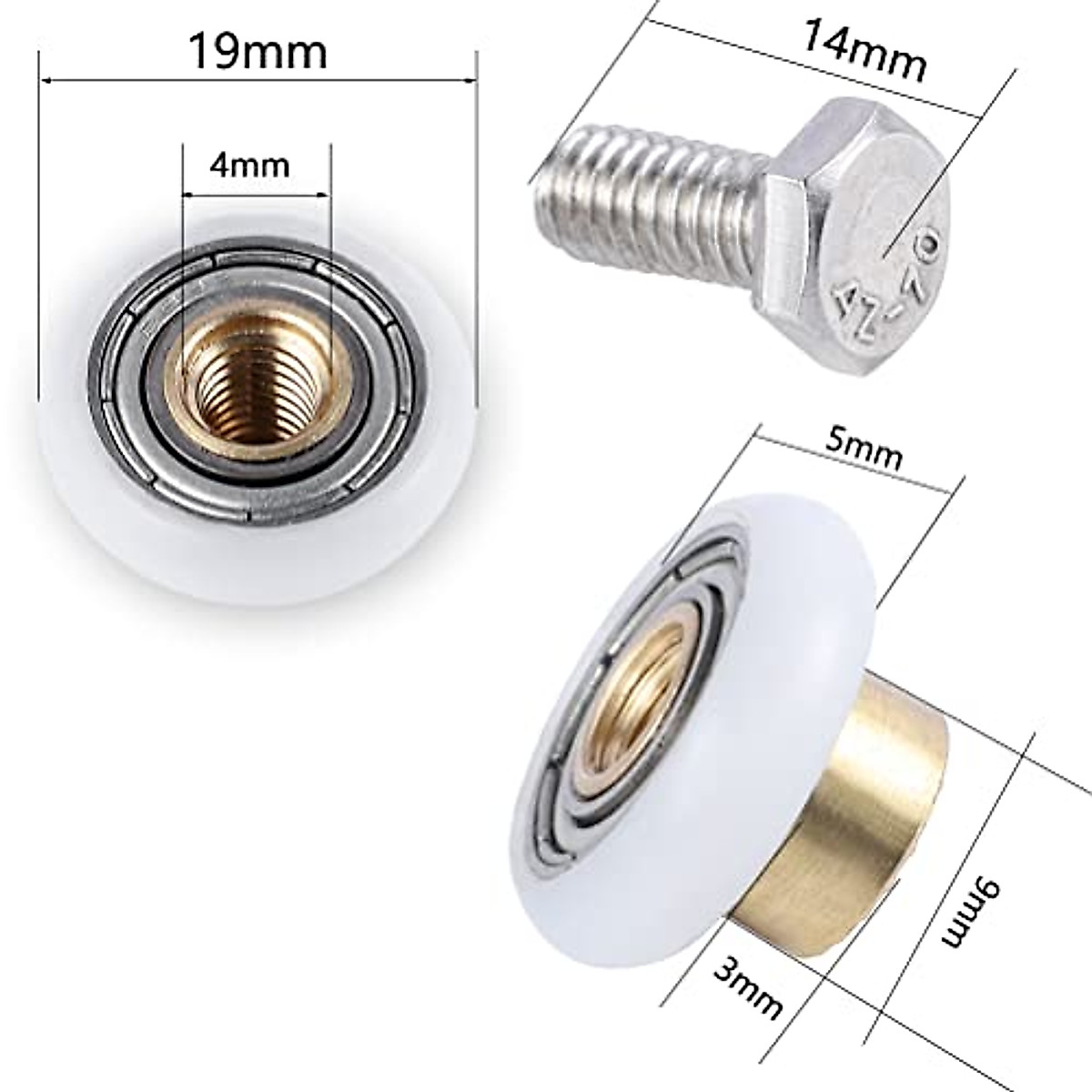 4 Sets Shower Door Rollers, Shower Door Replacement Parts Screen Door Roller Runners Wheels Bathroom Glass Door Sliding Rollers Wheel, 19mm x 5mm