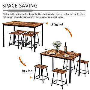 VECELO 5 Piece Dining Table Set for 4-6 Persons Rectangular Bar Dinette Metal and Wood Kitchen Furniture with 4 Stools for Breakfast Nook, Restaurant, Living Room, Space Saving, Industrial Brown