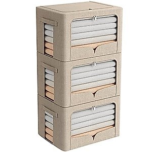 3 Pack Clothes Storage Bins - Foldable Metal Frame Storage Box - Stackable Linen Fabric Organizer Set with Carrying Handles and Clear Window (Beige, 15.7x11.8x11.8inch(36L))