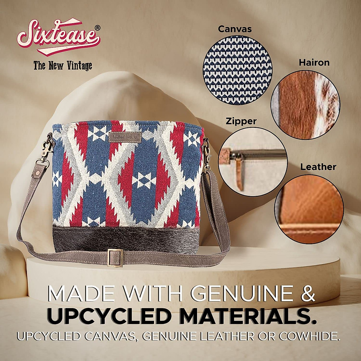 SIXTEASE Womens Shoulder Bag Vintage Style Shoulder Bags for Women - Made with Genuine Leather, Upcycled Canvas, or Hair On - Handmade, Adjustable Strap, Brass and Zinc Hardware - Primrose