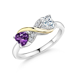 925 Silver and 10K Yellow Gold Purple Amethyst and Moissanite From Charles & Colvard Women Ring (0.96 Cttw, Heart Shape 5MM, Gemstone Birthstone, Available In Size 5, 6, 7, 8, 9)
