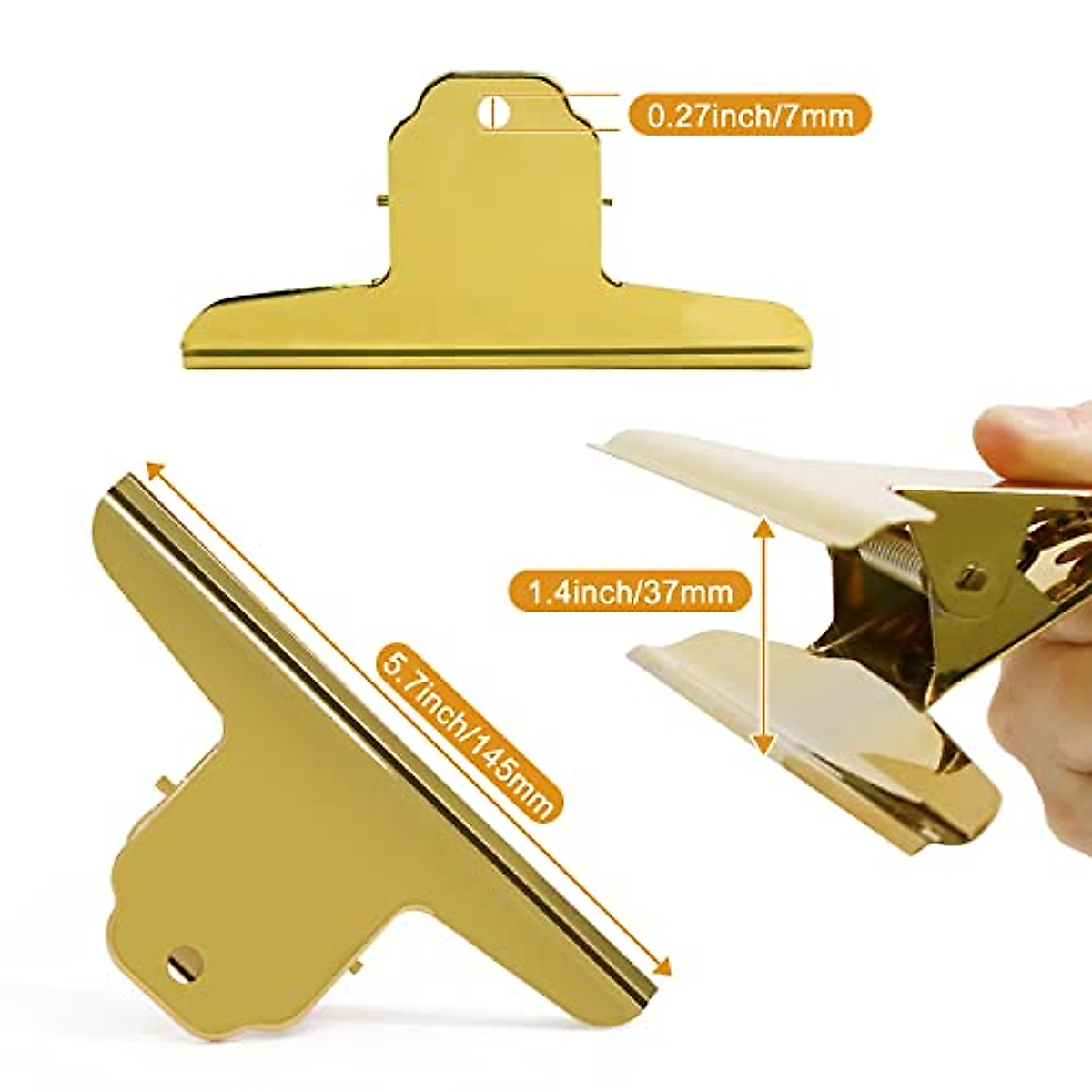 Large Bull Paper Clips Gold, Coideal 3 Pcs 145mm Big Metal File Binder Clip Clamps for Office, Food Bags (5 7/10 Inch)