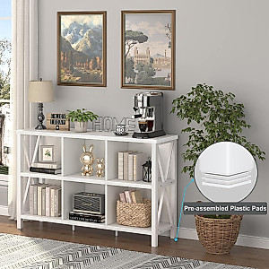 FATORRI 6 Cube Storage Organizer with Shelf, Long Wood and Metal Cubby Bookcase, Industrial Horizontal Bookshelf (White Oak, 47 Inch)