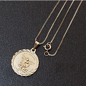 Tudo Jóias 18k Unisex Gold Plated Saint Michael Archangel Medal Pendant and Box Necklace 23.6 inches Made in Brazil