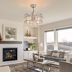 GDLT 18" Silver Crystal Caged Ceiling Fan with Lights and Remote, Modern Crystal Fandelier Chorme Ceiling Fan with Light and Reversible Motor, Chandelier Ceiling Fan for Bedroom, Living Room