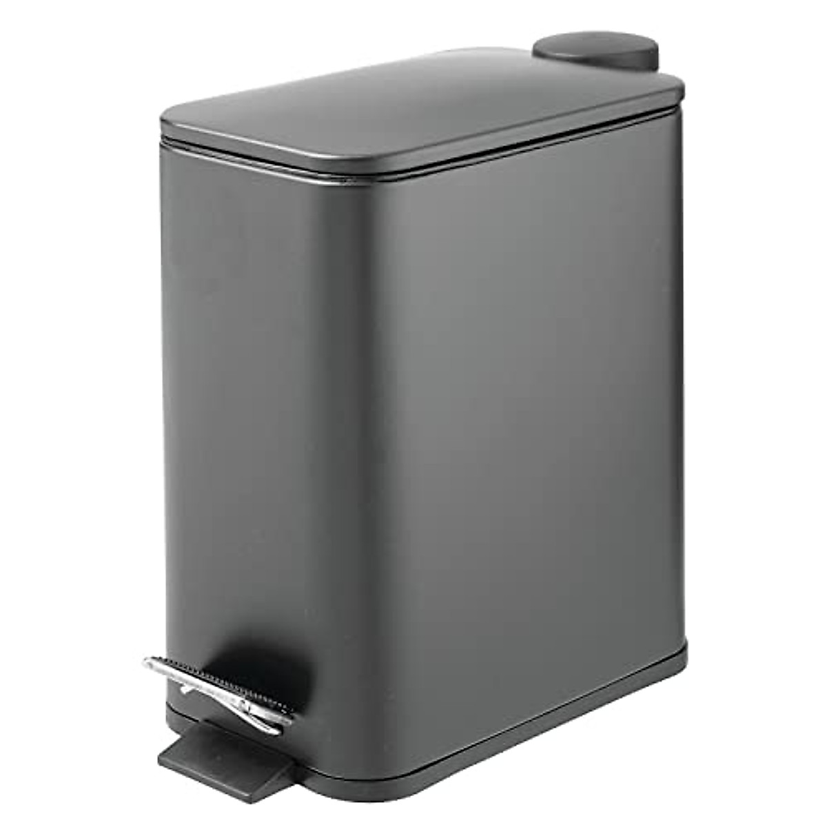 mDesign Slim Metal Rectangle 1.3 Gallon Trash Can with Step Pedal, Easy-Close Lid, Removable Liner - Narrow Wastebasket Garbage Container Bin for Bathroom, Bedroom, Kitchen, Office - Charcoal Gray