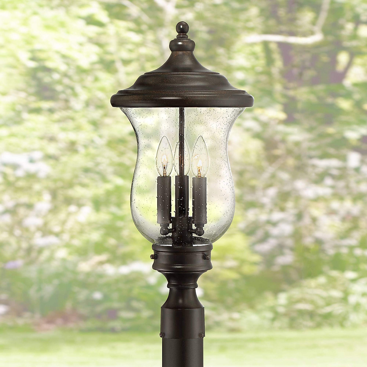 Franklin Iron Works Carriage Traditional Outdoor Post Light Fixture LED Bronze 23" Clear Seedy Glass Decor Exterior House Porch Patio Outside Deck Garage Yard Garden Driveway Home Lawn Walkway