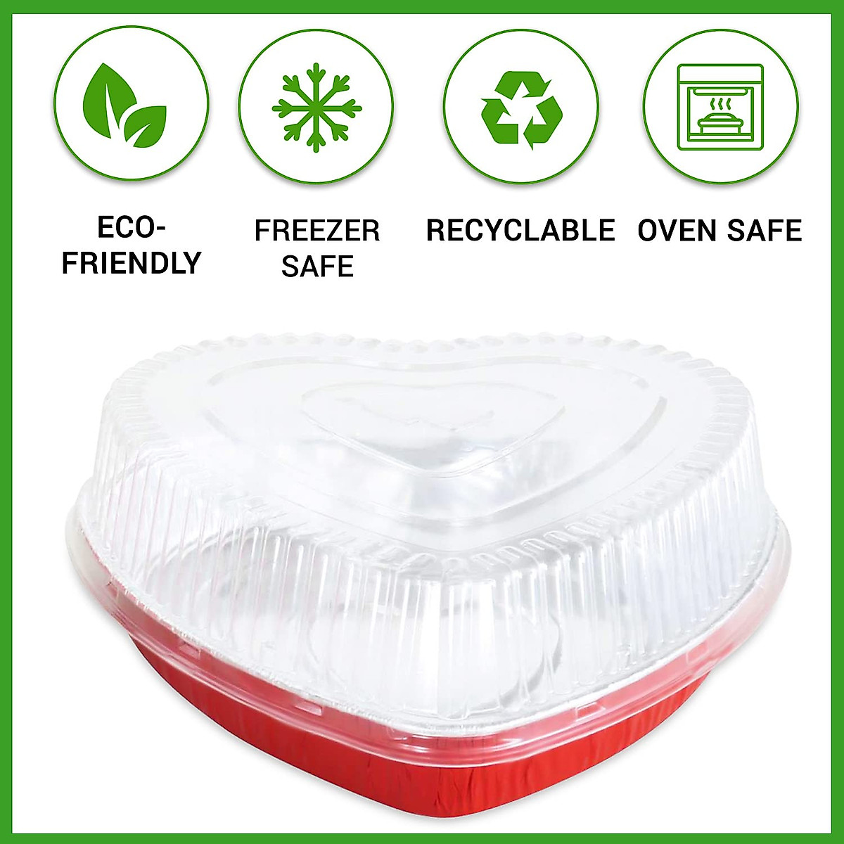 Handi-Foil Disposable Aluminum Heart Shaped Cake Pan with Clear Plastic Lid - 32 Ounces Oven Safe Aluminum Foil Pans, Baking Pans Perfect for Baking, Cooking, Preparing Food, 339P (Red & Silver, 5)