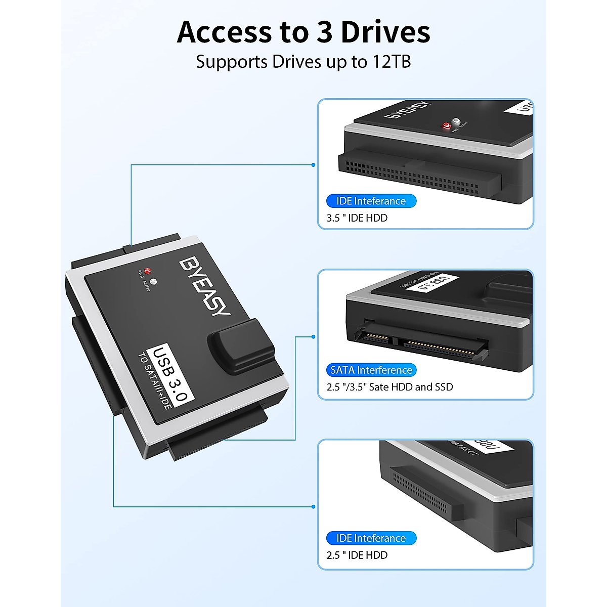 BYEASY SATA/IDE USB 3.0 Adapter, Hard Drive Reader with USB A and USB C for Universal 2.5"/3.5" Inch External HDD/SSD with 12V 2A Adapter, Support 12TB for Windows and Mac OS