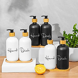 17 oz Hand Soap Dispenser Empty Glass Lotion Pump Bottles, Refillable Liquid Dish Soap Bottles for Bathroom Decor, Kitchen Sink, Matte Design and Wood Tray, Pack of 4