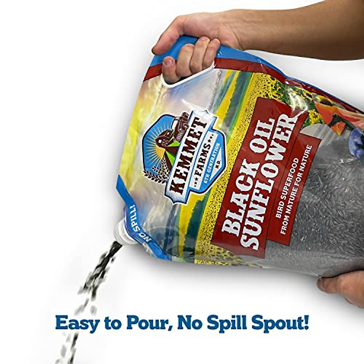 KEMMET FARMS, Premium Bird Food, Black Oil Sunflower Seeds for Birds, Easy No Spill Pour Spout W/Screwable Cap for Storage, 10 lb Bag