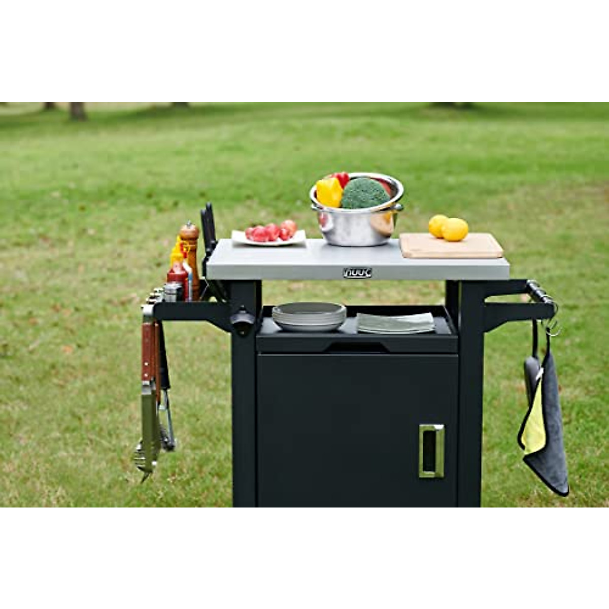 NUUK Deluxe Outdoor Rolling Prep Station, 20" x 30" Stainless Steel Kitchen Storage Island with Enclosed Cabinet and Storage Drawer