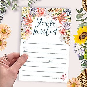 Wildflower Invitations With Envelopes (20 Count) - Floral Boho Garden Theme For Bridal Shower, 1st Birthday, Adult Birthday, Brunch or Baby Shower