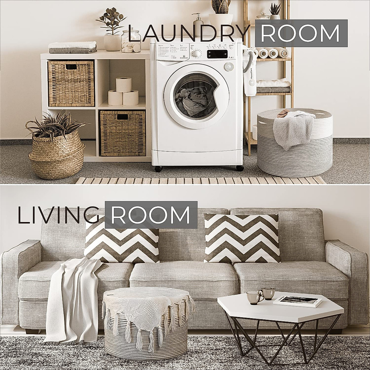 HOMYAM Throw Blanket Basket for Living Room | XXXLarge Rope Basket for Storage | Large Woven Basket for Storage | Pillow Basket & Blanket Holder for Bedroom | Woven Laundry Hamper Basket - 22" x 14"