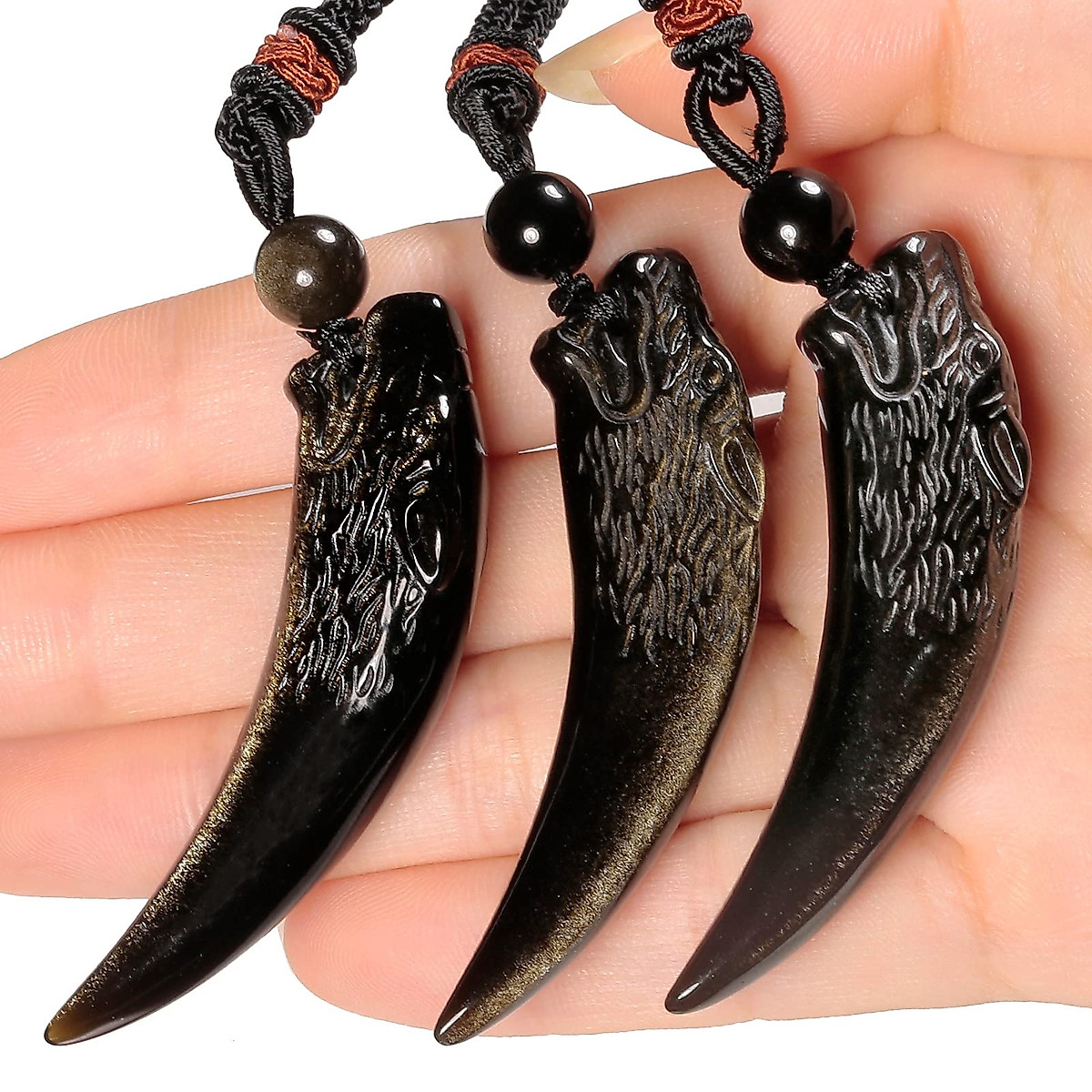 TUMBEELLUWA Natural Golden Obsidian Pendant Necklace for Unisex Handcrafted Good Luck Crystal Stone Necklace, Wolf