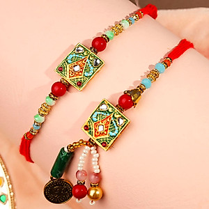 IndoTribe, Rakhi For Brother with Gift Set - Set of 2, Rakhi For Brother with Card, Roli Chawal | Rakhi for Brother and Bhabhi | Lumba Rakhi For Brother | Bhaiya Bhabhi Rakhi | Raksha Bandhan Rakhi