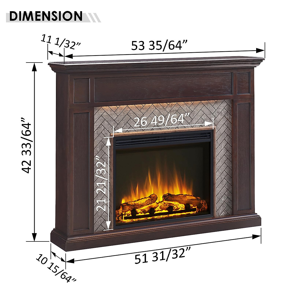 LegendFlame Fireplace Suite Hesper, 52 Inch Mantel Surround, Espresso Oak with Brown Brick Finish with 26 Inch Electric Fireplace Insert, Heater, Timer, Mood Light, Remote Control