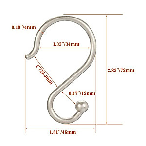 Nickel Shower Curtain Hooks Rings, Never Rust Proof and Durable Aluminum Shower Curtain Rings, Set of 12 S Hooks Hangers for Shower Rod, Pots and Pans, Plants, Clothing, Towels, etc.（Nickel）