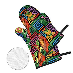 Mola De Panama Oven Mitts and Pot Holders Sets for Kitchen - Heat Resistant BBQ Oven Gloves - Polyester Printing Non-Slip Surface Set of 4