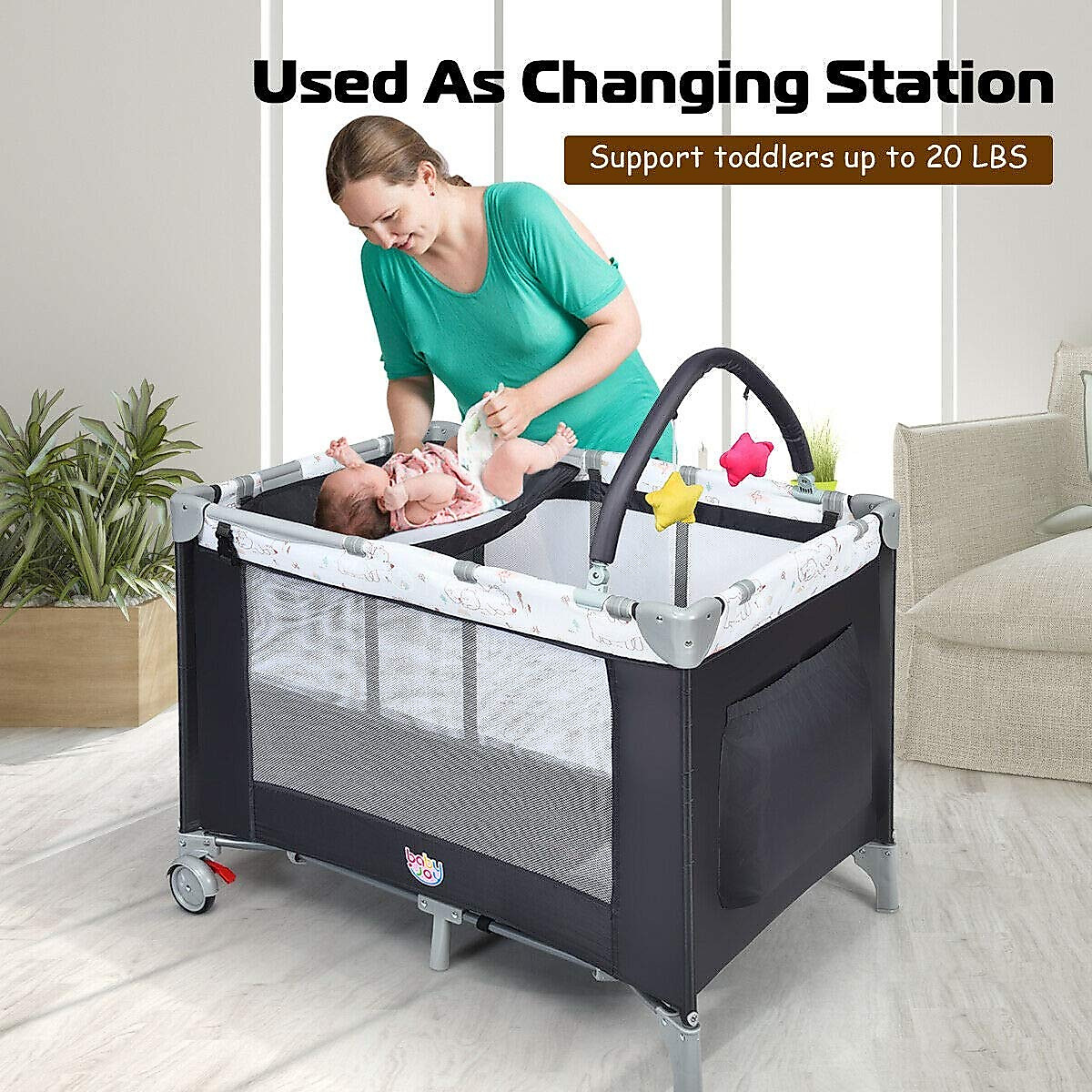 BABY JOY Pack and Play, 3 in 1 Double Layer Portable Baby Playard with Bassinet, Changing Table, Lightweight Installation-Free Playpen with Large Capacity Storage Shelf, Oxford Carry Bag (Bear)