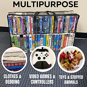 Evelots 4 Pack-VHS Movie Tape Storage Bag/Case, Clear PVC Plastic-Holds 200 Total, Strong Handles-No Dirt/Moisture/Dust