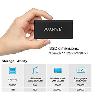JUANWE 1TB Solid State External Hard Drive USB 3.0 Type-C Portable SSD High-Speed Read & Write Up to 550MB/s & 510MB/s, External Hard Drive for PC/Laptop/Mac, Black