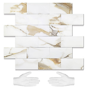 STICKGOO 10-Sheet Peel and Stick Backsplash for Kitchen, Stick on Kitchen Backsplash PVC Wall Tile, Calacatta Golden Self Adhesive Subway Tile