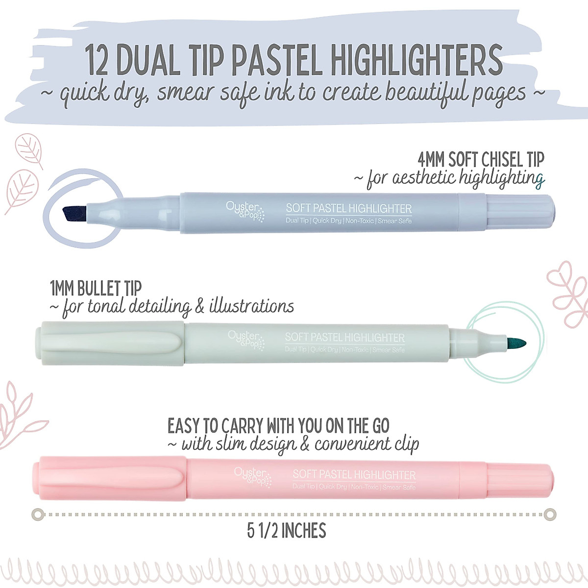 Oyster&Pop 12 Pcs Dual Tip No Bleed Pastel Highlighters | Aesthetic Desk Accessories & Book Highlighters | Cute No Bleed Highlighters for Journaling | Highlighters Aesthetic | Giftable Pen Pot