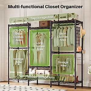 HOKEEPER Clothes Rack Heavy Duty Clothing Rack for Hanging Clothes 1600LBS Freestanding Garment Rack with 5 Hang Rods, Side Mesh Board & Hooks, Portable Wardrobe Closet 70" W X 17" D X 76" H, Black