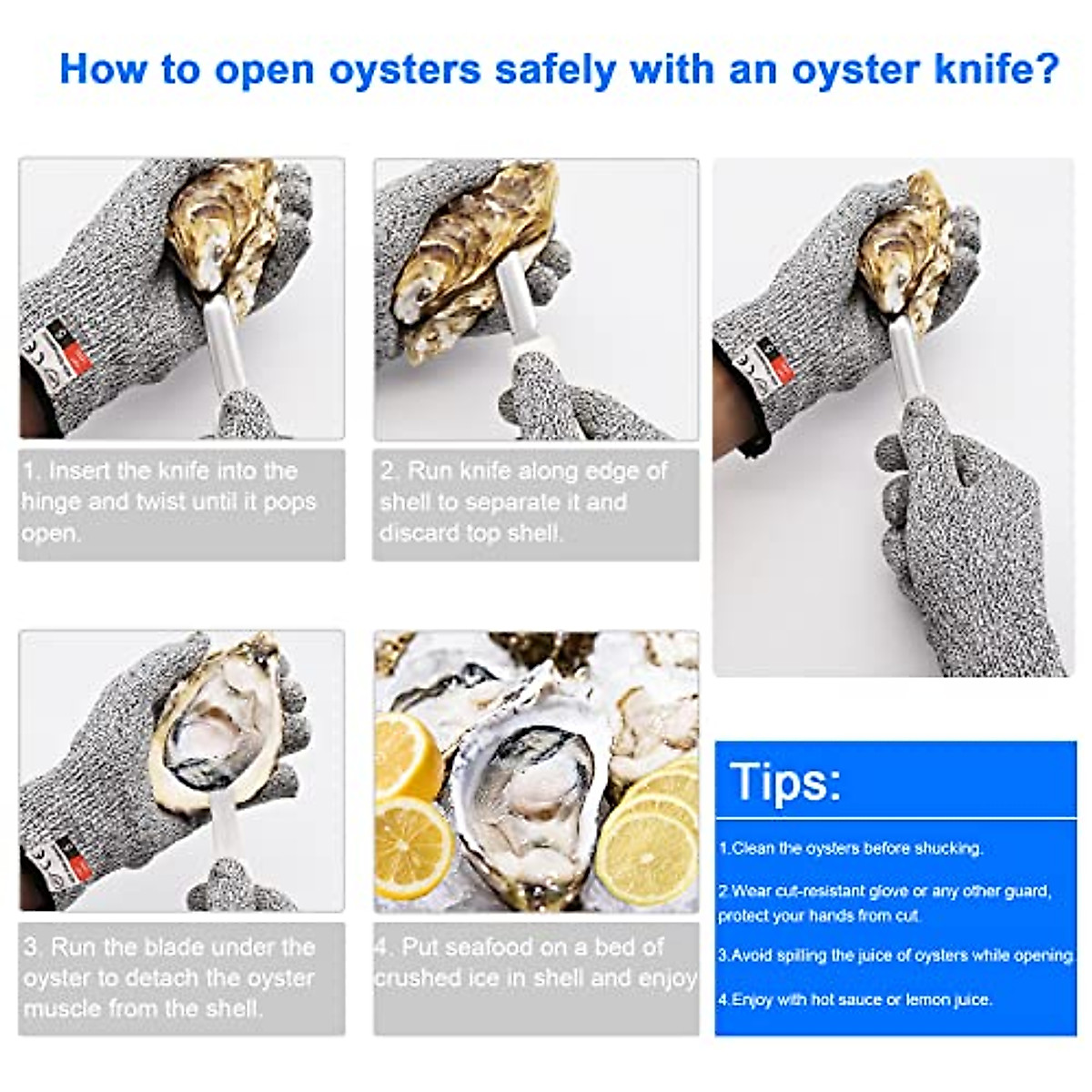 Oyster Shucking Knife, FRYOOGG Oyster Knife Oyster Knife Shucker Set With 5-level Protection Food Grade Oyster Shucking Knife Glove(L), Oyster Shucker Knife, Oyster Shucker, Oyster Shucking Kit(White)