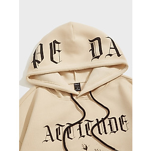 WDIRARA Men's Letter Floral Print Drawstring Long Sleeve Hoodie Casual Sweatshirt Beige M