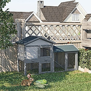 PawHut Rabbit Hutch, Wooden Bunny Hutch, Guinea Pig Cage, Small Animal Enclosure with Run Area, Removable Tray, Asphalt Roof, Lockable Doors and Ramp, Gray