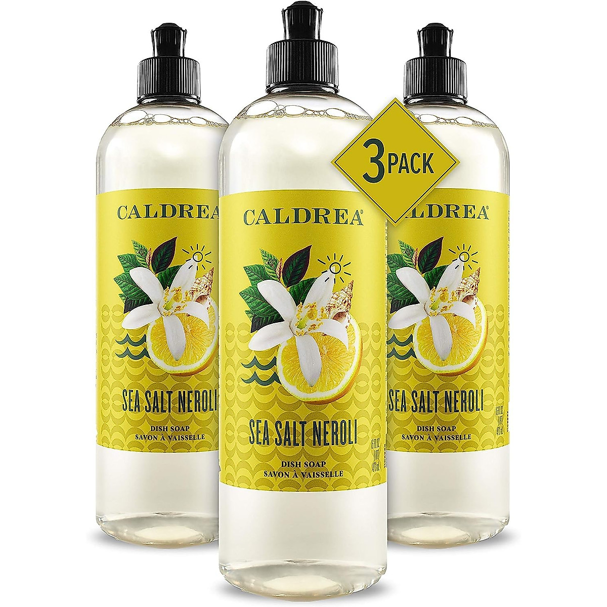 Caldrea Dish Soap, Biodegradable Dishwashing Liquid made with Soap Bark and Aloe Vera, Sea Salt Neroli, 16 oz , 3 Pack