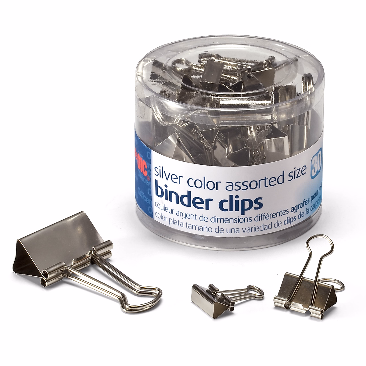Officemate Silver Binder Clips, Assorted Sizes, 30/Tub (31021)