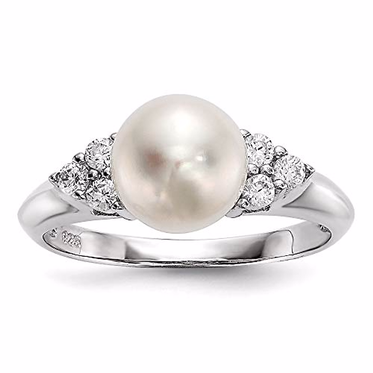 IceCarats 925 Sterling Silver 8mm White Button Freshwater Cultured Pearl Cubic Zirconia CZ Ring Size 8