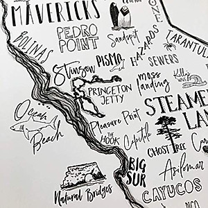 Surf California Map - Beach Wall Decor - 16 x 20 Inch Art Poster of California Surf Breaks - Unique Wall Art for Coastal, Ocean, Nautical & Surfboard Themed Decor - Poster Frame NOT Included
