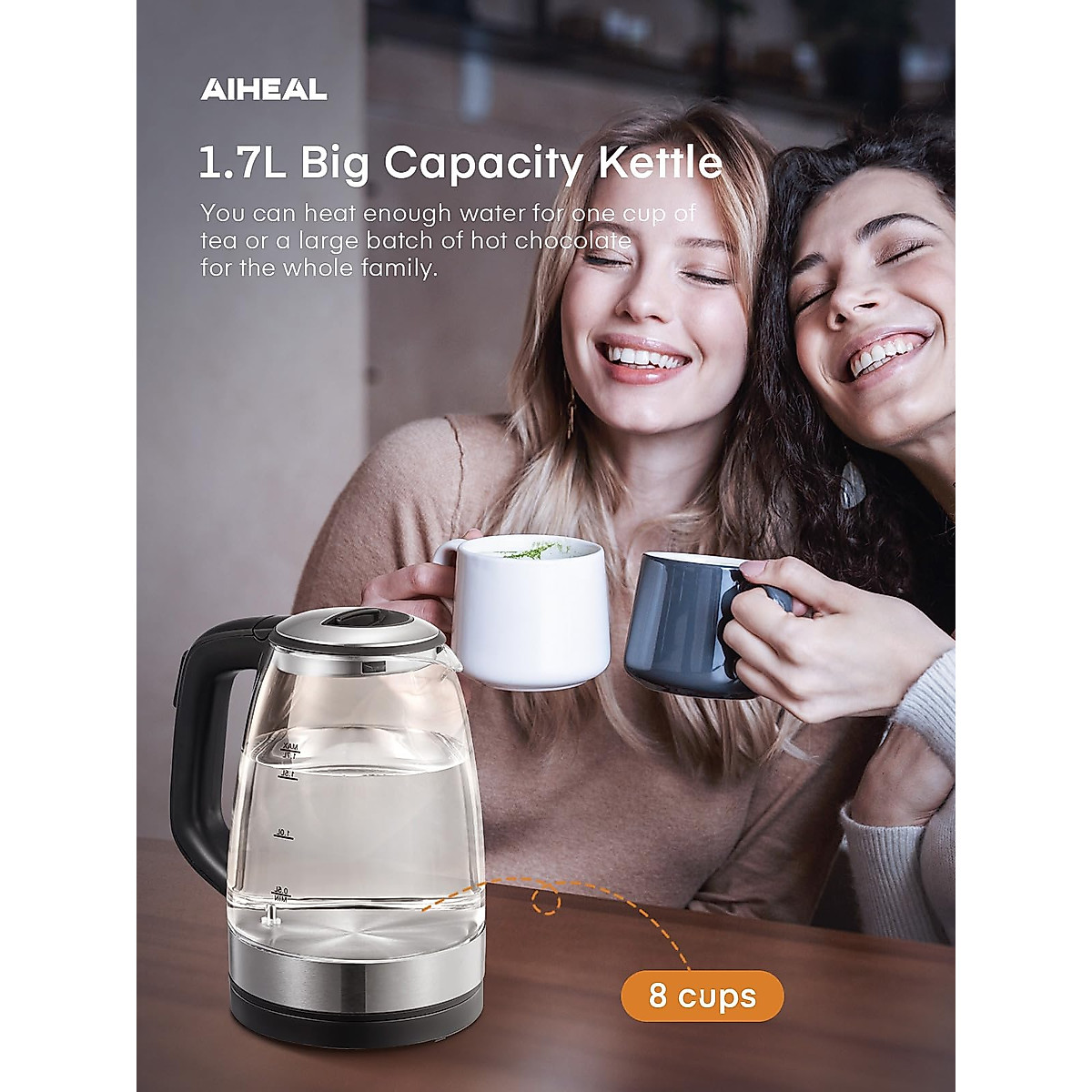 Electric Kettle, Aiheal Glass Kettle Temperature Control With 5 Colors LED Lights Variable, Keep Warm, Fast Boiling Electric Kettle, Stainless Steel Inner Lid & Bottom, 1.7L
