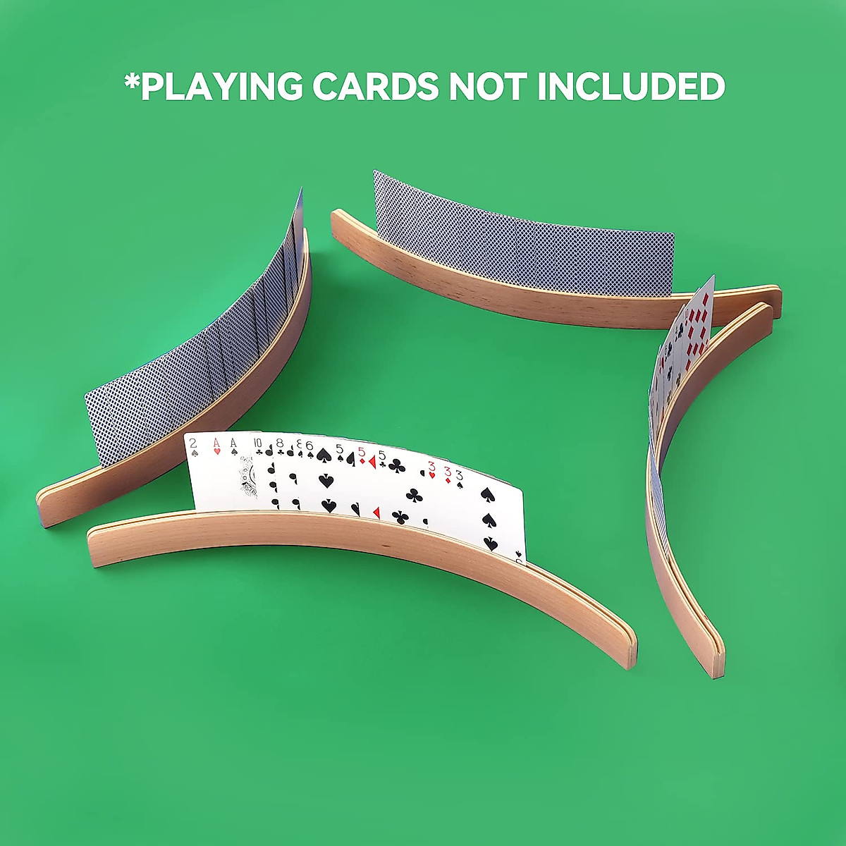 GSE Set of 4 Playing Cards Holders, Wooden Playing Card Racks for Kids, Adults and Seniors, Curved Playing Card Trays for Bridge, Hand & Foot, Rummy, UNO Card Games Playing (17.5-inch)