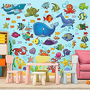 122 Pcs Under The Sea Fish Wall Decals for Kids and Toddlers' Bathroom and Nursery, Easy Peel and Stick Stickers with Turtles, Dophins, Corals, and More, Removable Ocean Themed Décor